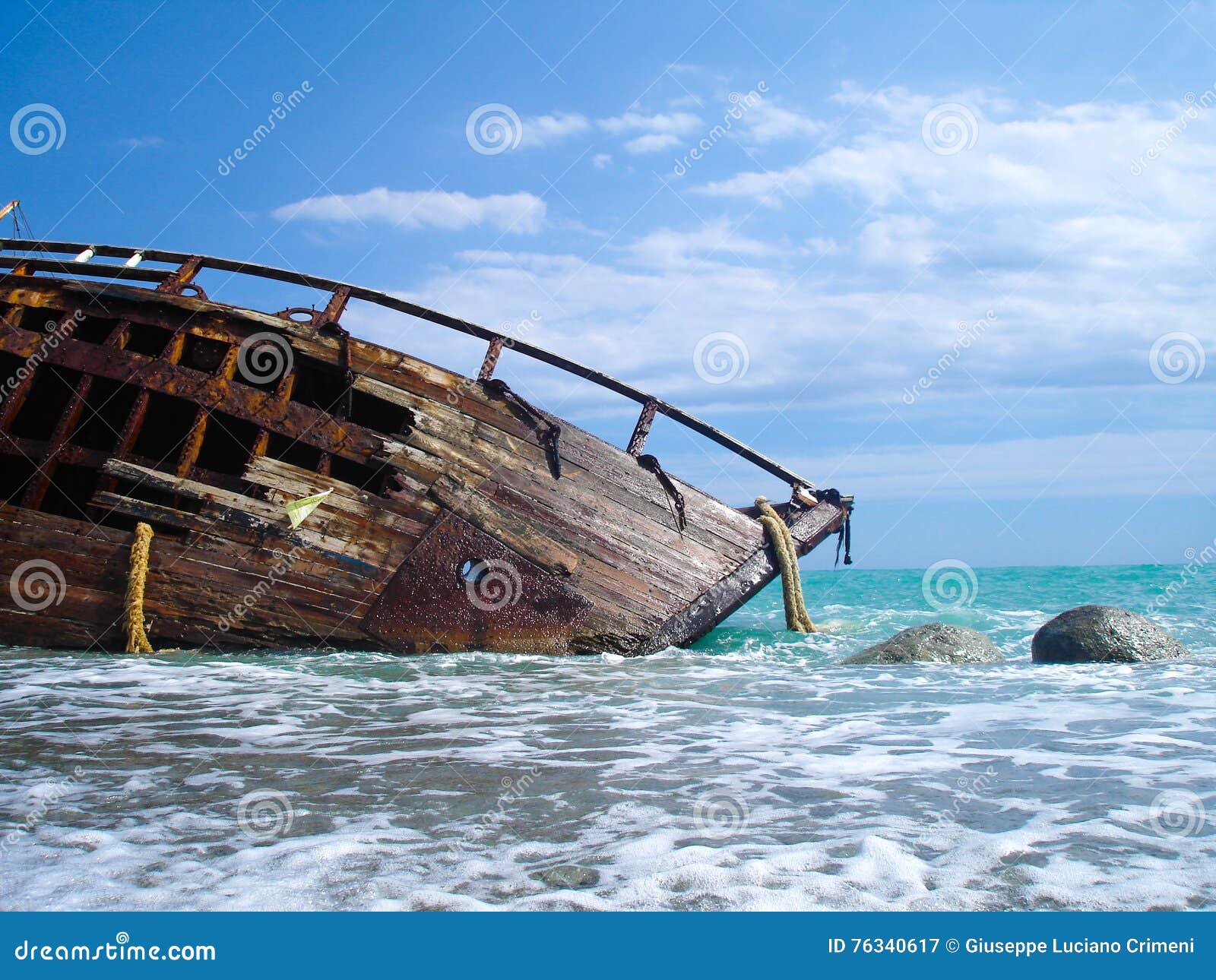 Shipwreck of a Sailing Ship after a Storm with Blue Sky. Stock Image ...