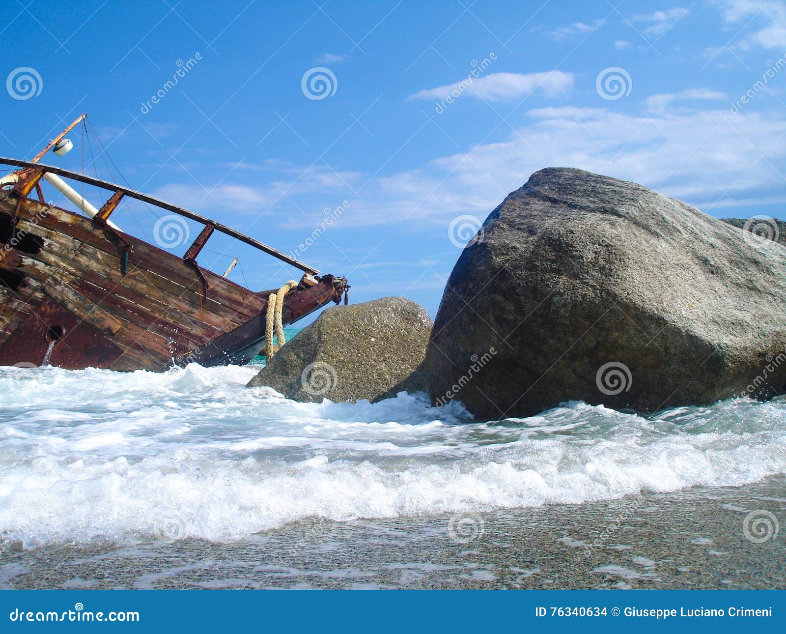 Shipwreck of a Sailing Ship after a Storm with Blue Sky. Stock Photo ...