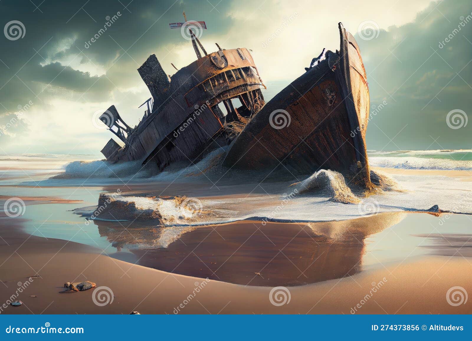 Shipwreck on a Sandy Beach, with Waves Breaking on the Shore Stock ...