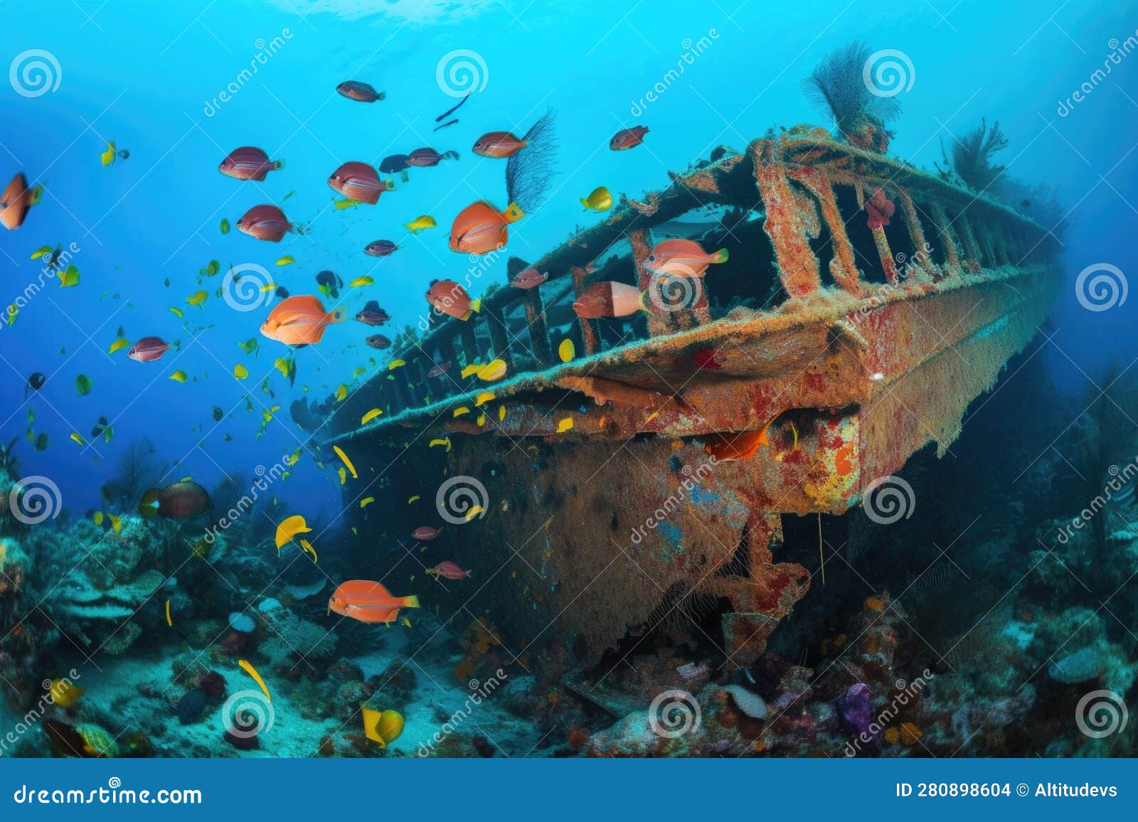 Shipwreck Surrounded by Fish and Schools of Colorful Tropical Reef Fish ...