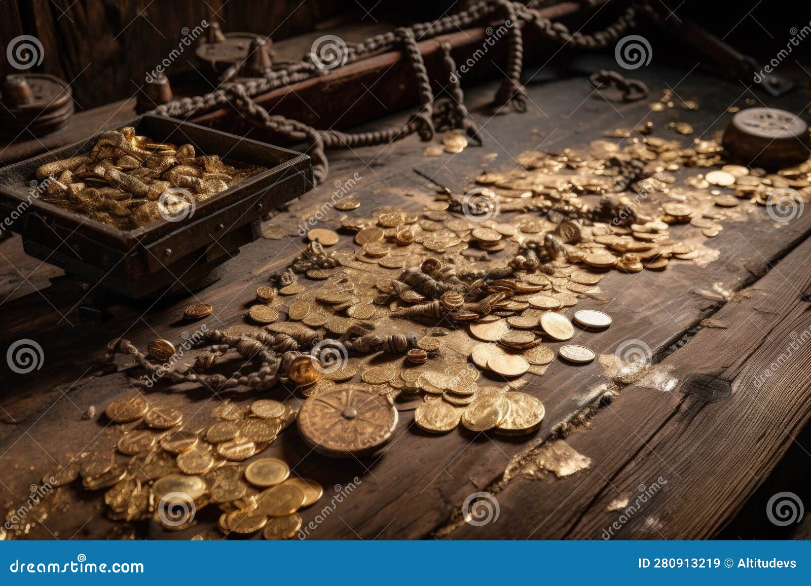 Shipwreck with Treasure and Gold Coins Visible on the Deck Stock Image ...