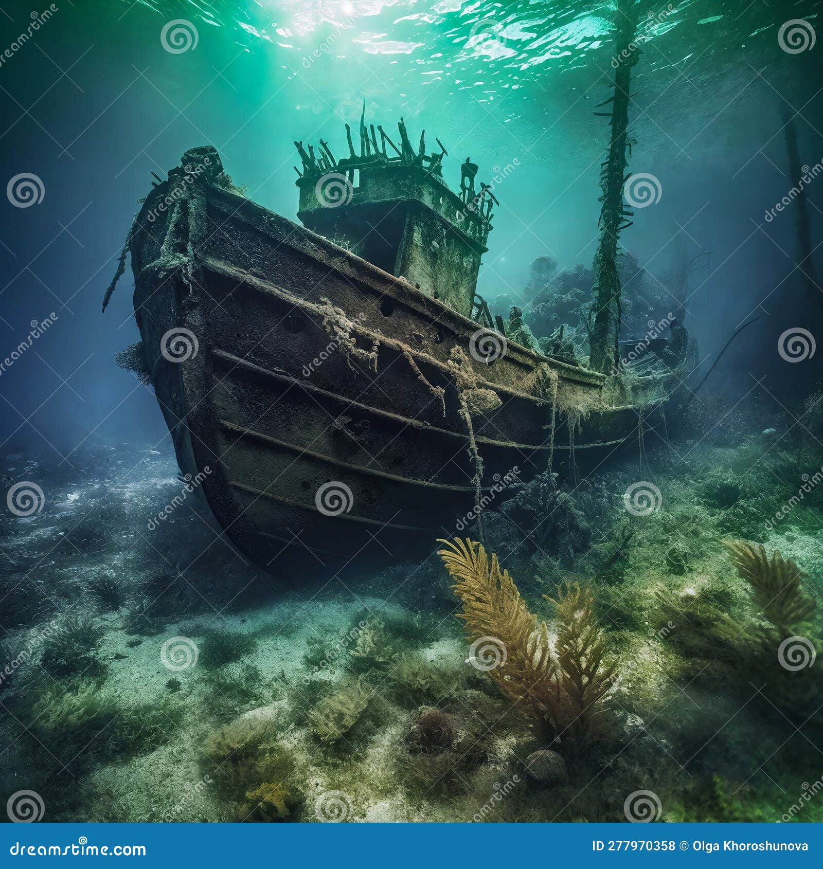 Shipwreck Underwater, Derelict Wreck Of Old Sailing Ship Under Water ...