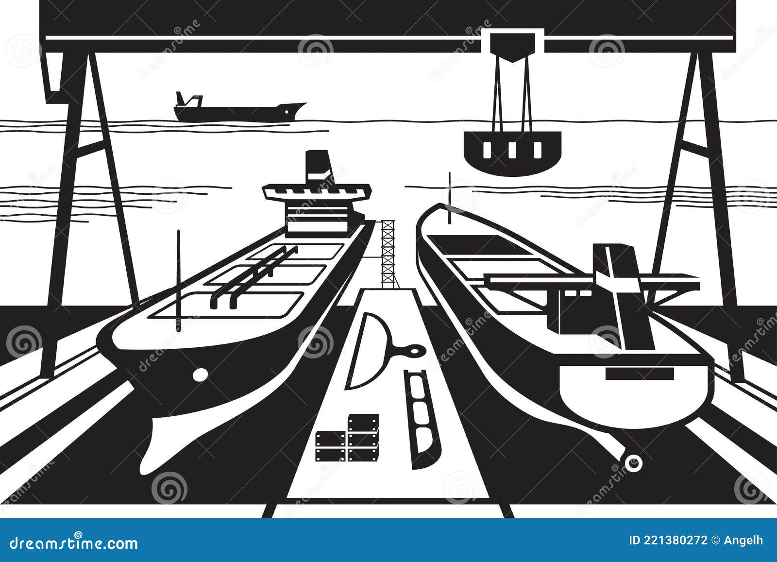 Shipbuilding With Docks And Cranes Vector Illustration | CartoonDealer ...