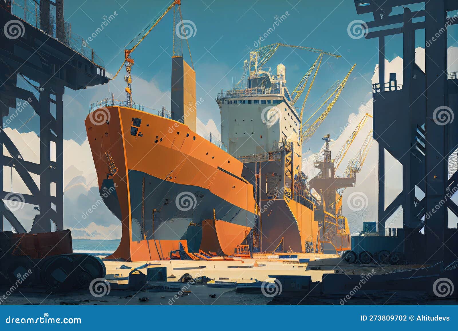 Shipyard, with Half-built Modern Ship, Surrounded by Cranes and ...