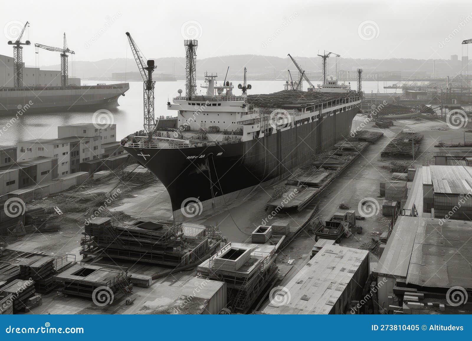 Shipyard, with Half-completed Ship and Bustling Work Site Stock ...