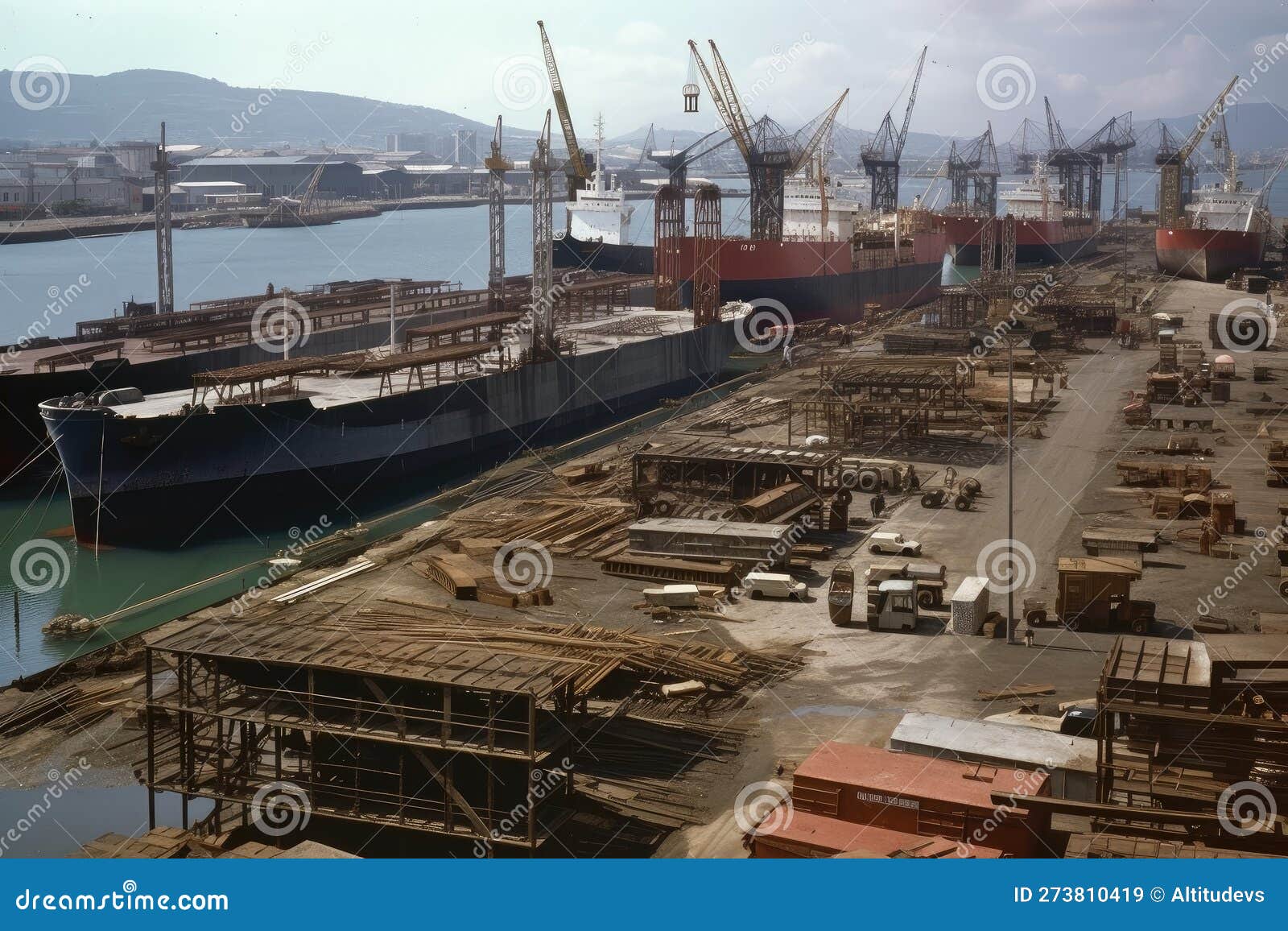 Shipyard, with Half-completed Ship and Bustling Work Site Stock ...