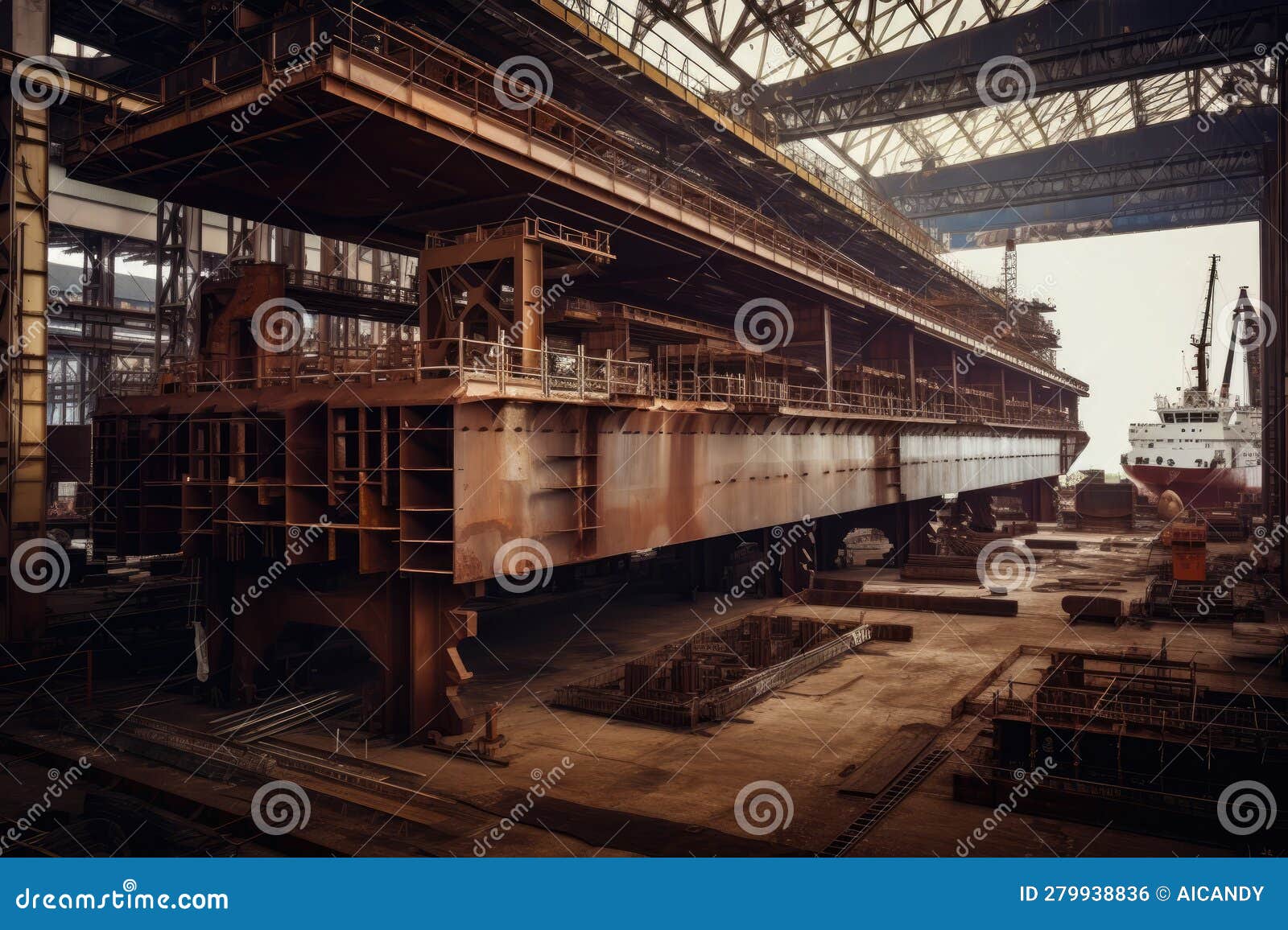 Shipyard With Large Cranes And Workers Constructing A Cargo Ship ...