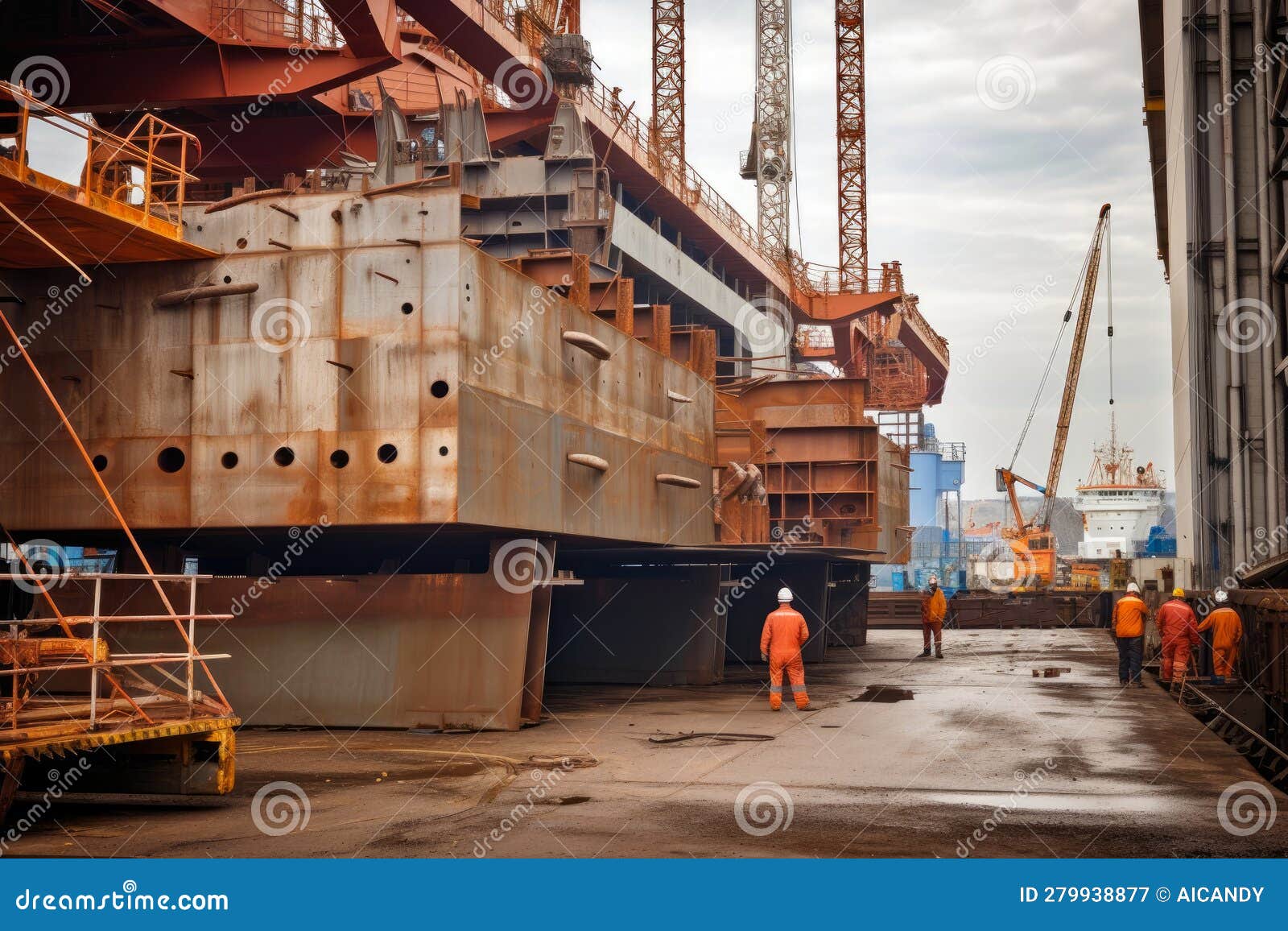 Shipyard with Large Cranes and Workers Constructing a Cargo Ship ...
