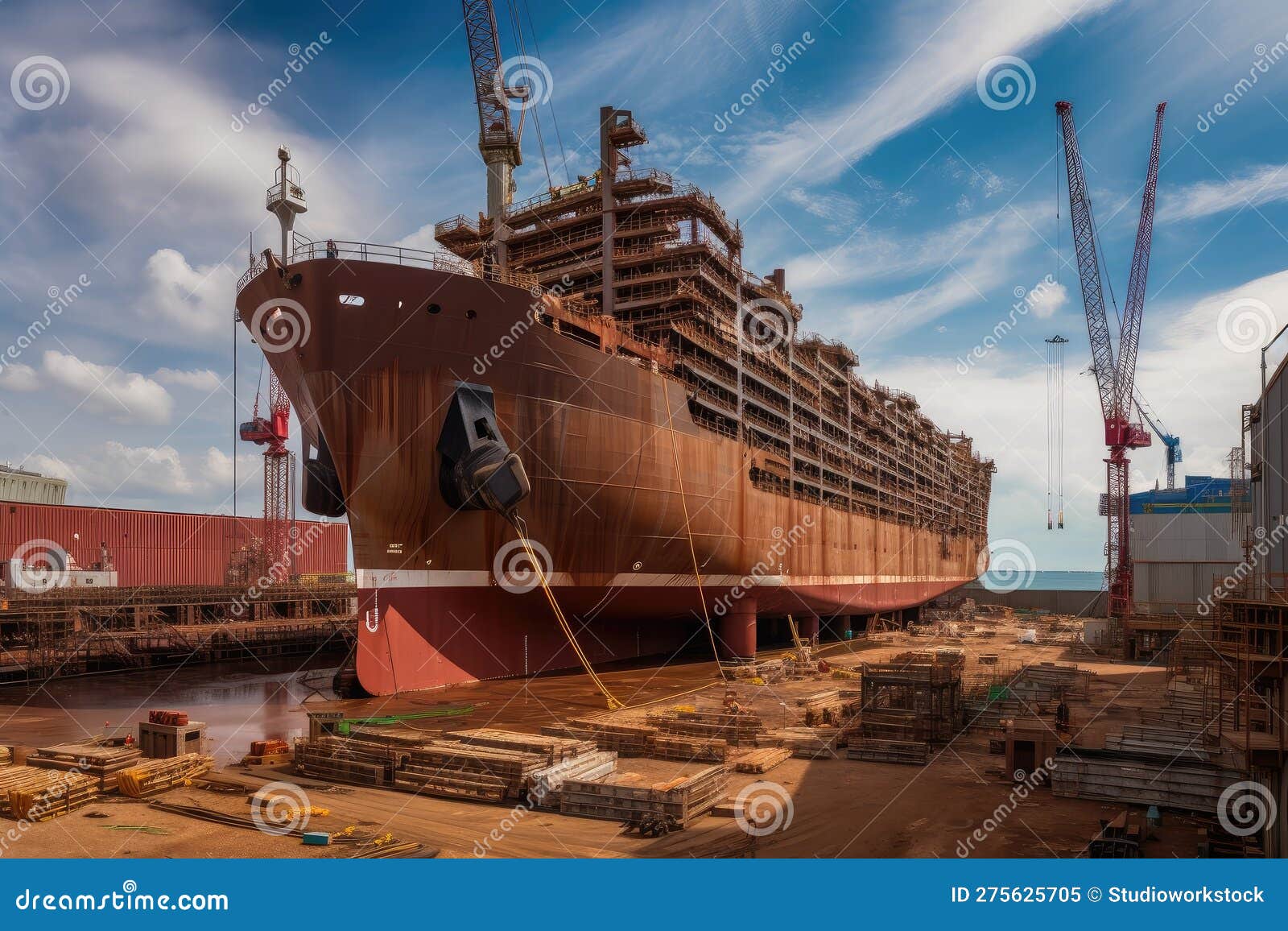 Shipyard, with Massive Ship Being Built from the Keel Up Stock ...