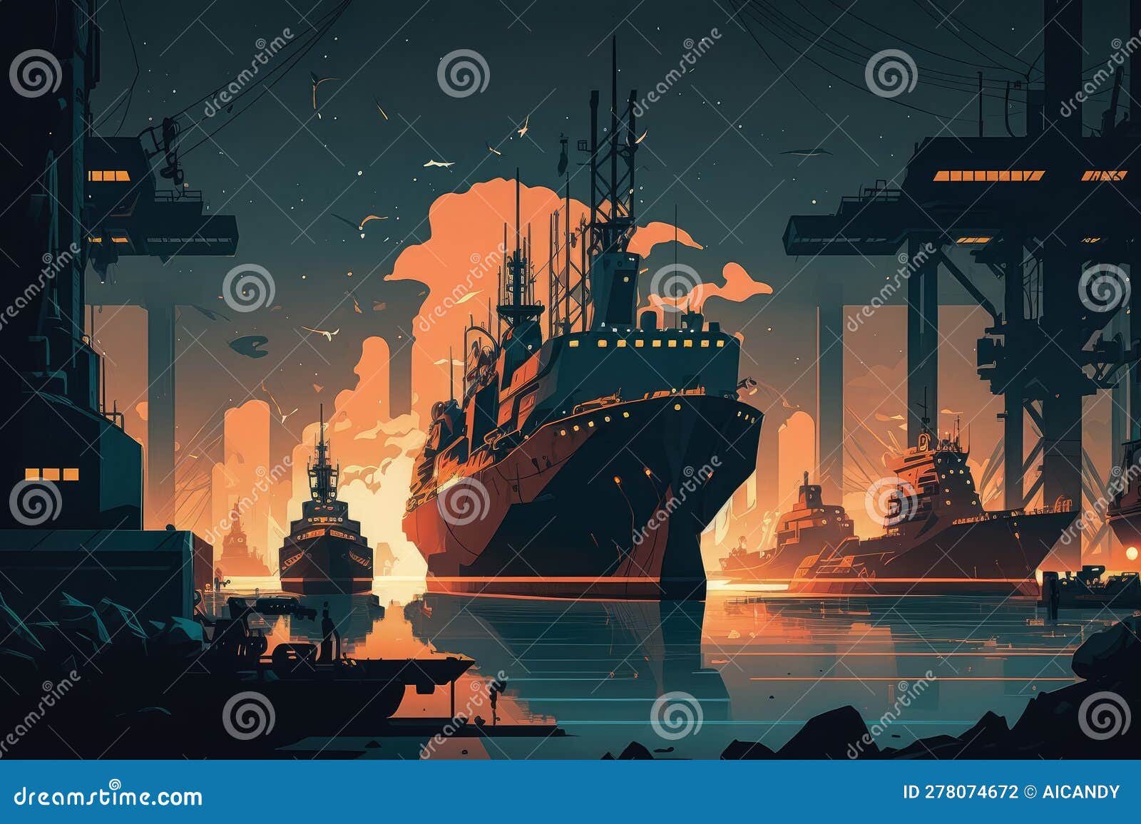 Shipyard by Night with Ships Lit Up by Bright Lights Stock Illustration ...