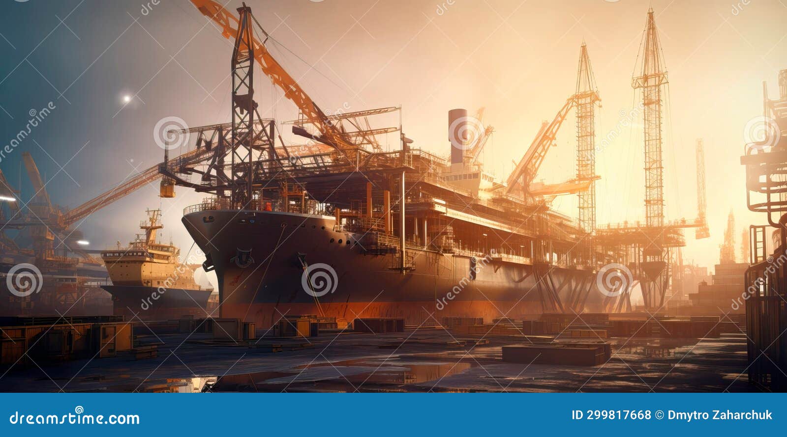 Shipyard in the Process of Constructing Large Vessels, with Cranes ...
