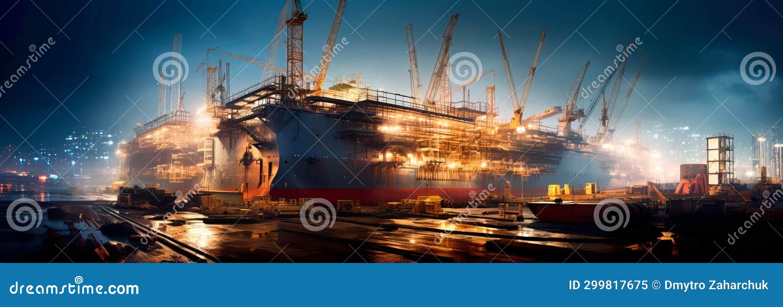 Shipyard in the Process of Constructing Large Vessels, with Cranes ...