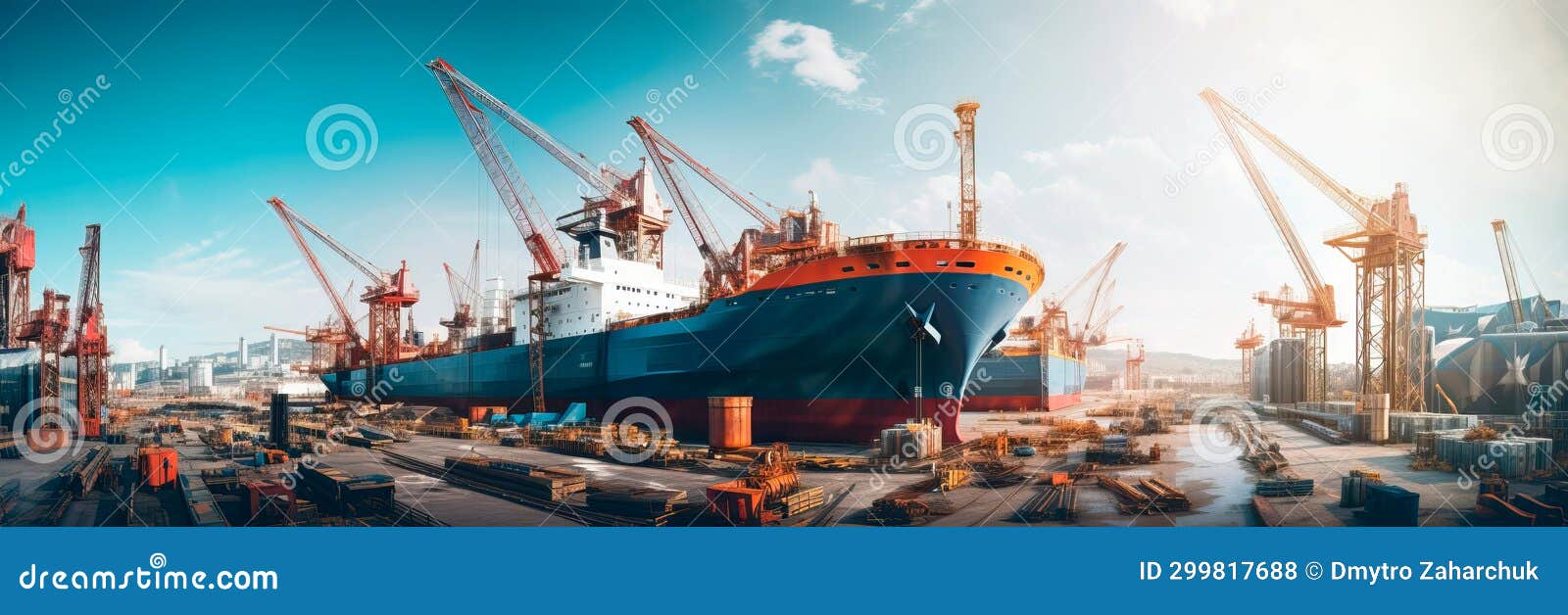 Shipyard in the Process of Constructing Large Vessels, with Cranes ...