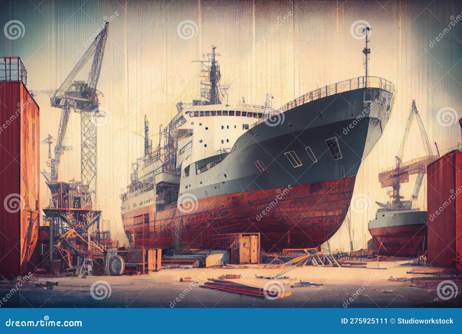 Shipyard, With Various Vessels In Different Stages Of Construction ...