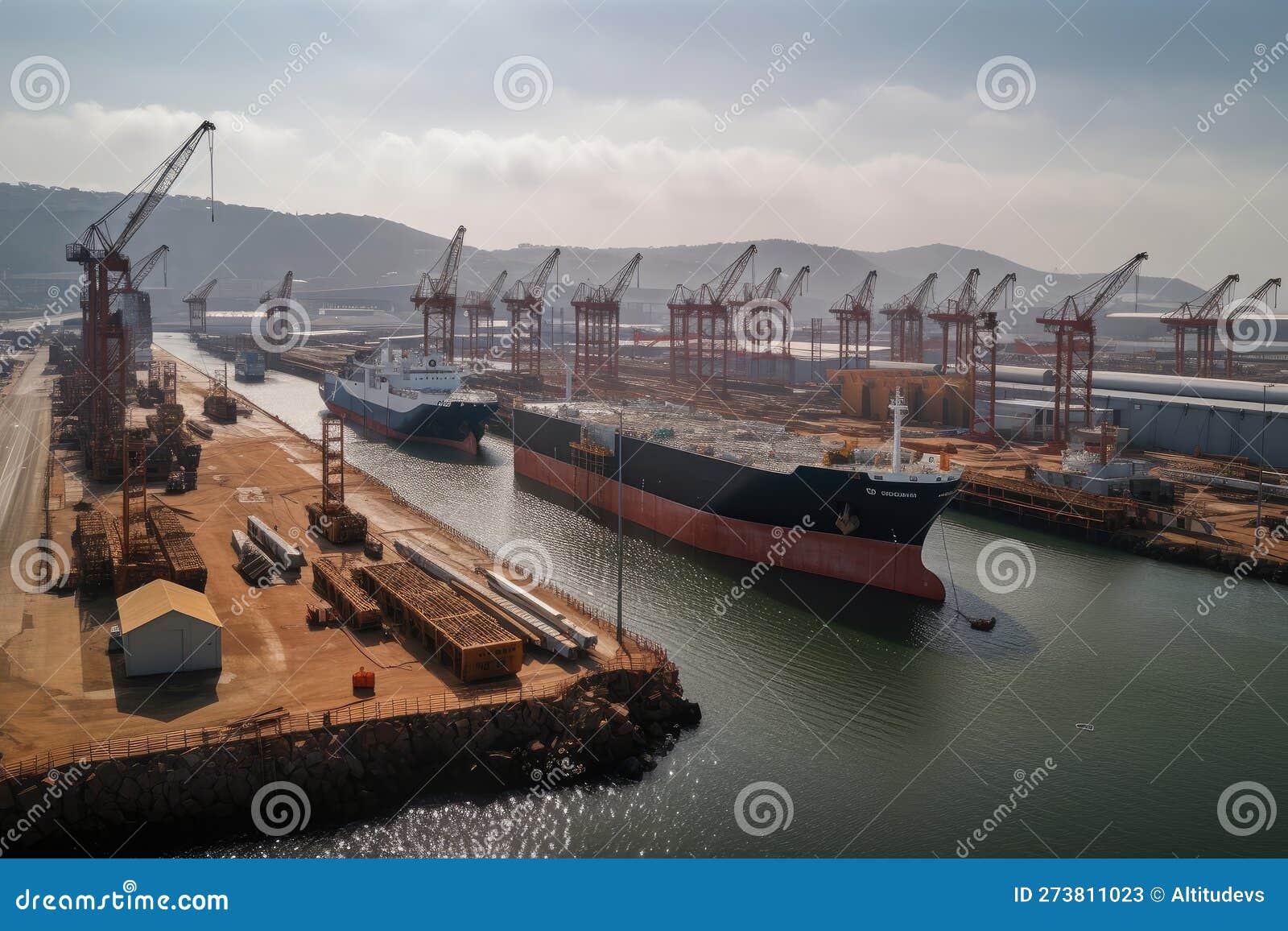 Shipyard, with Row of Ships Being Constructed in Different Stages Stock ...