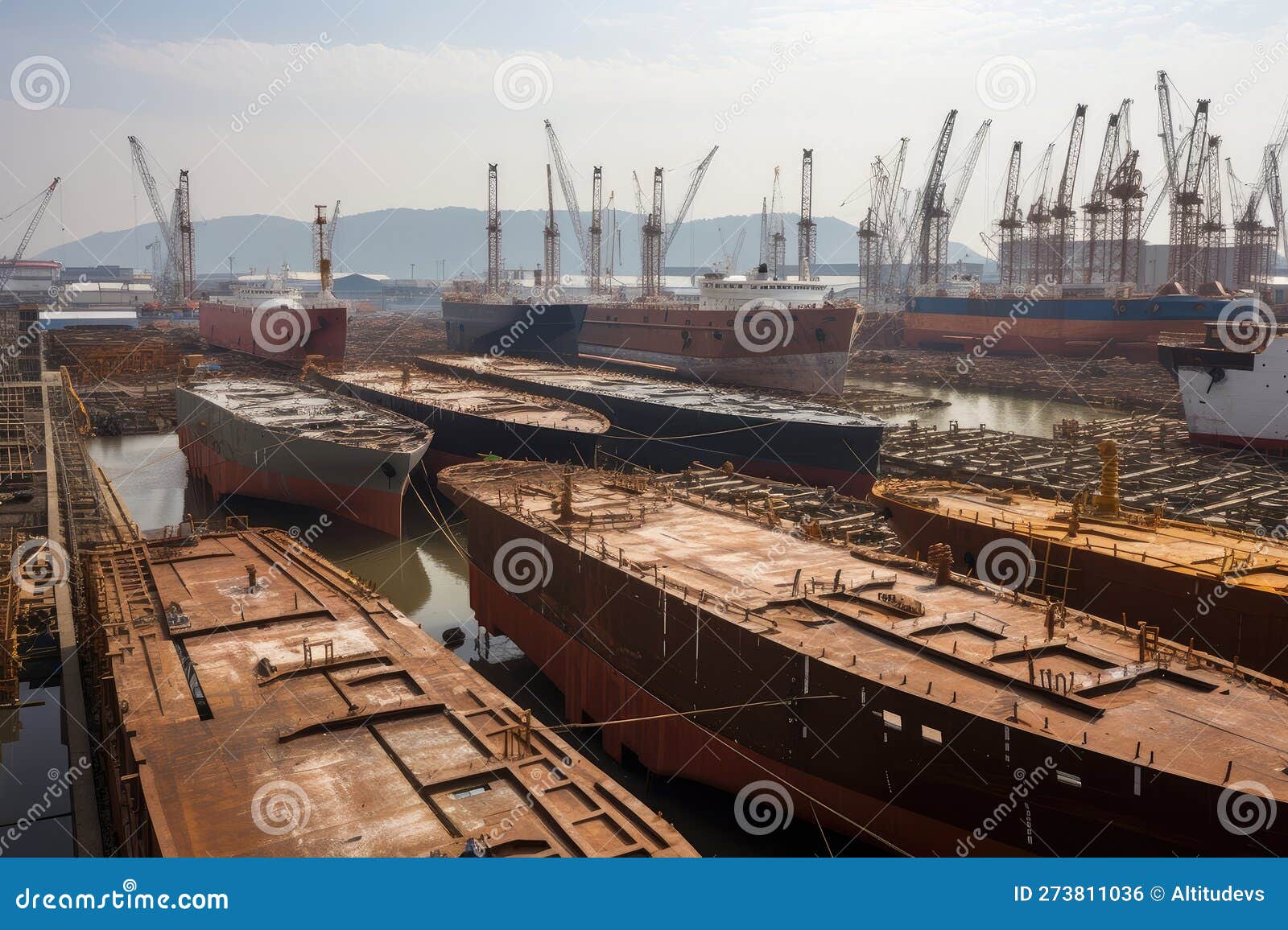 Shipyard, with Row of Ships Being Constructed in Different Stages Stock ...