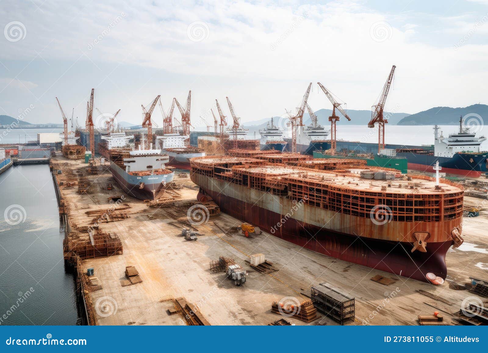 Shipyard, with Row of Ships Being Constructed in Different Stages Stock ...