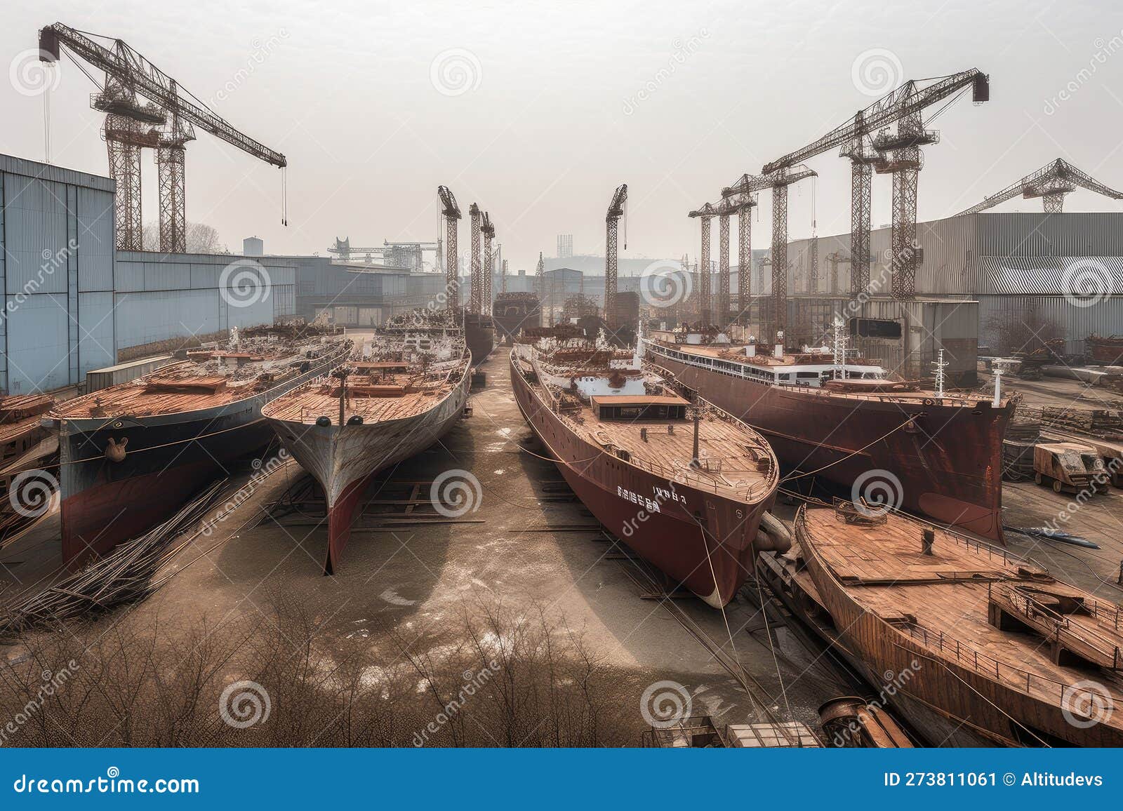 Shipyard, with Row of Ships Being Constructed in Different Stages Stock ...