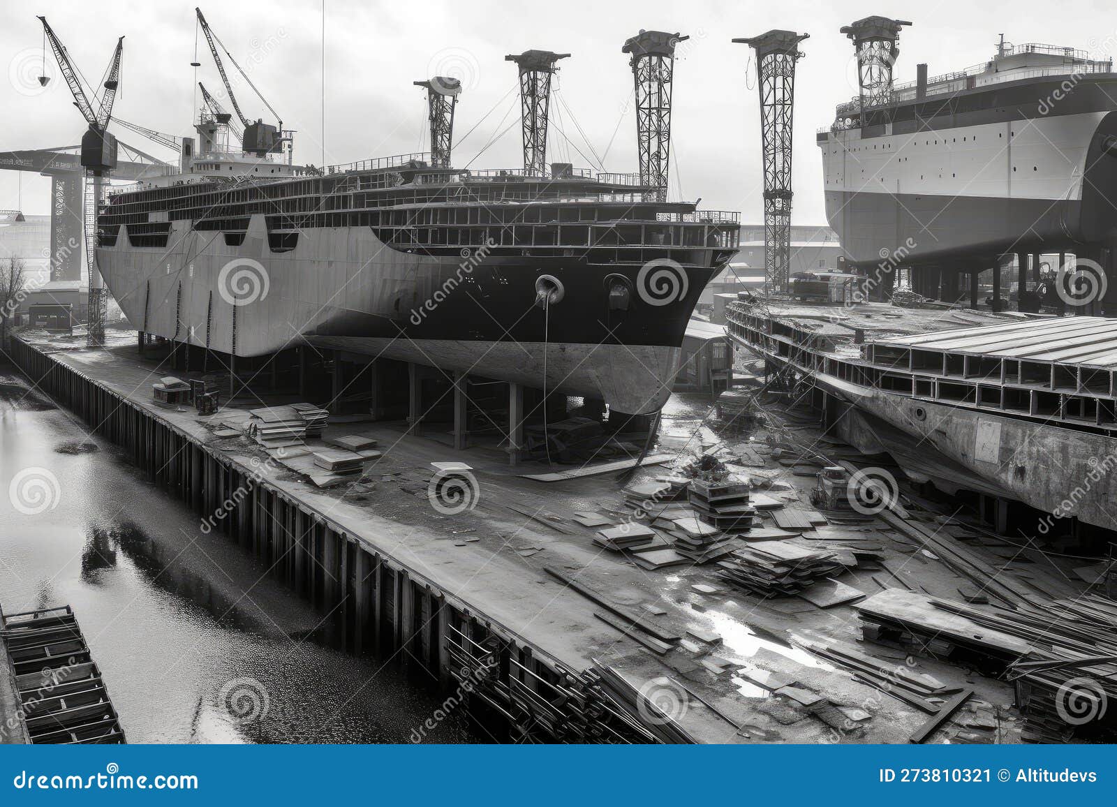 Shipyard, with Row of Ships Under Construction, Their Hulls and Decks ...