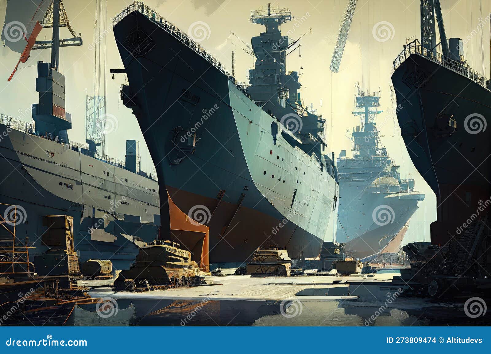 Shipyard With Rows Of Finished Vessels In Various Stages Of ... Shipyard With Rows Of Finished Vessels In Various Stages Of ...