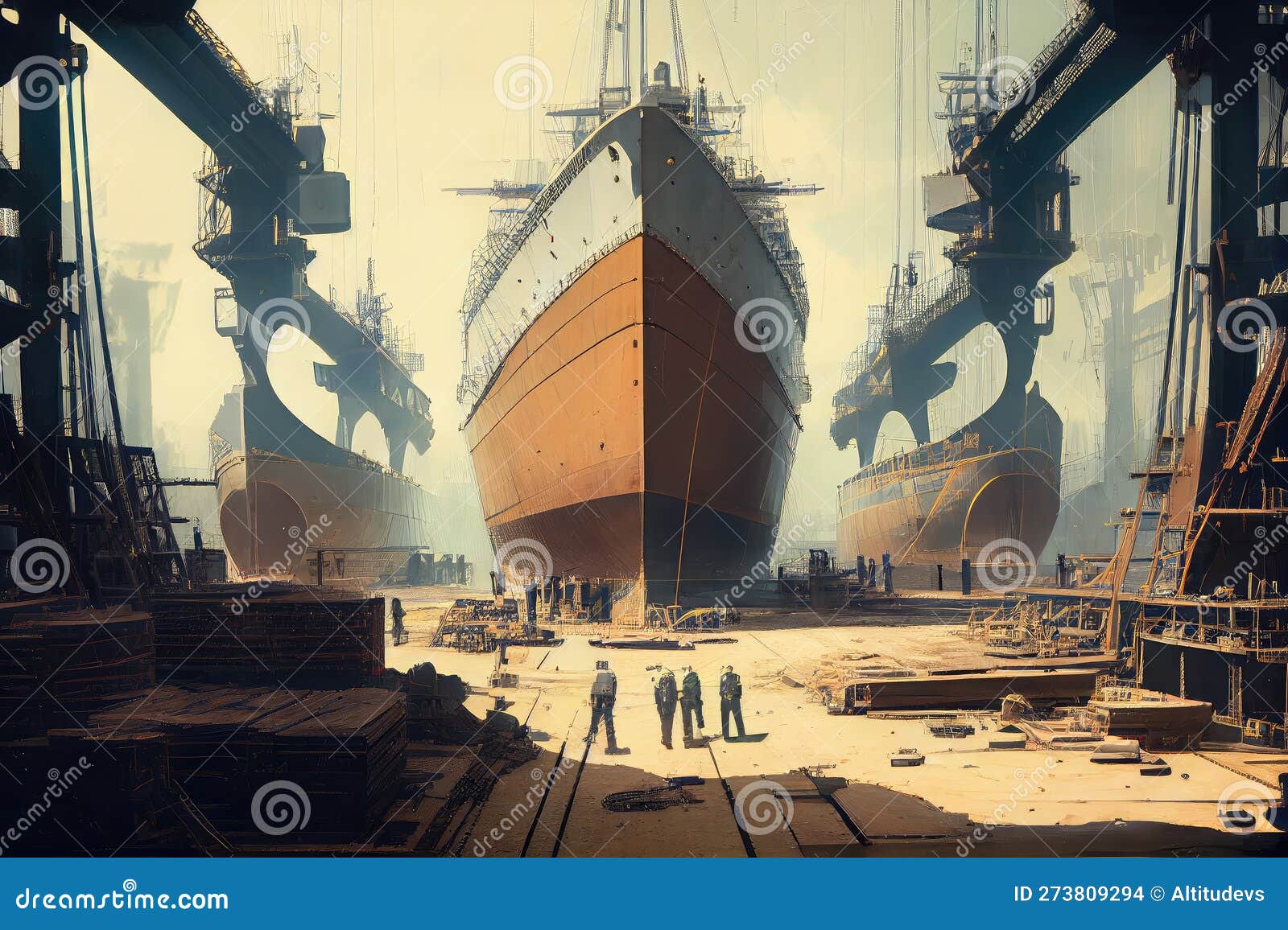 Shipyard, with Rows of Finished Ships and Workers Busily Preparing for ...
