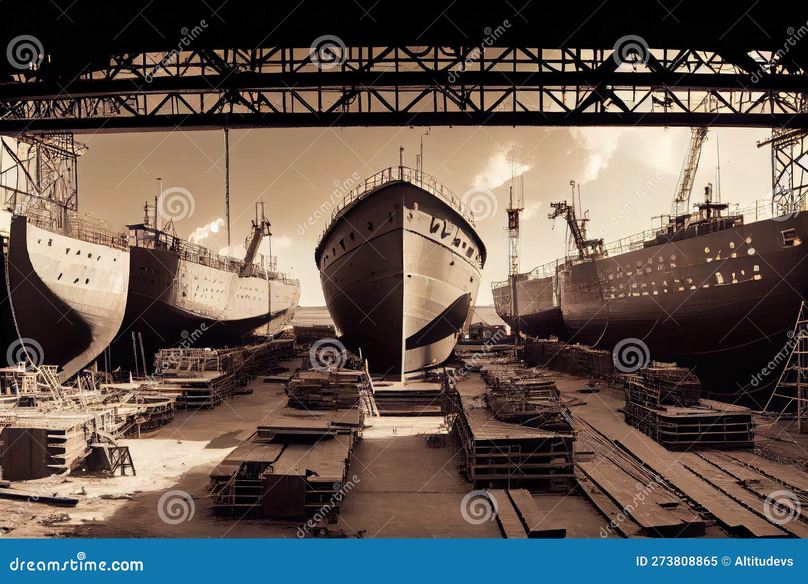 Shipyard With Rows Of Finished Vessels In Various Stages Of ...
