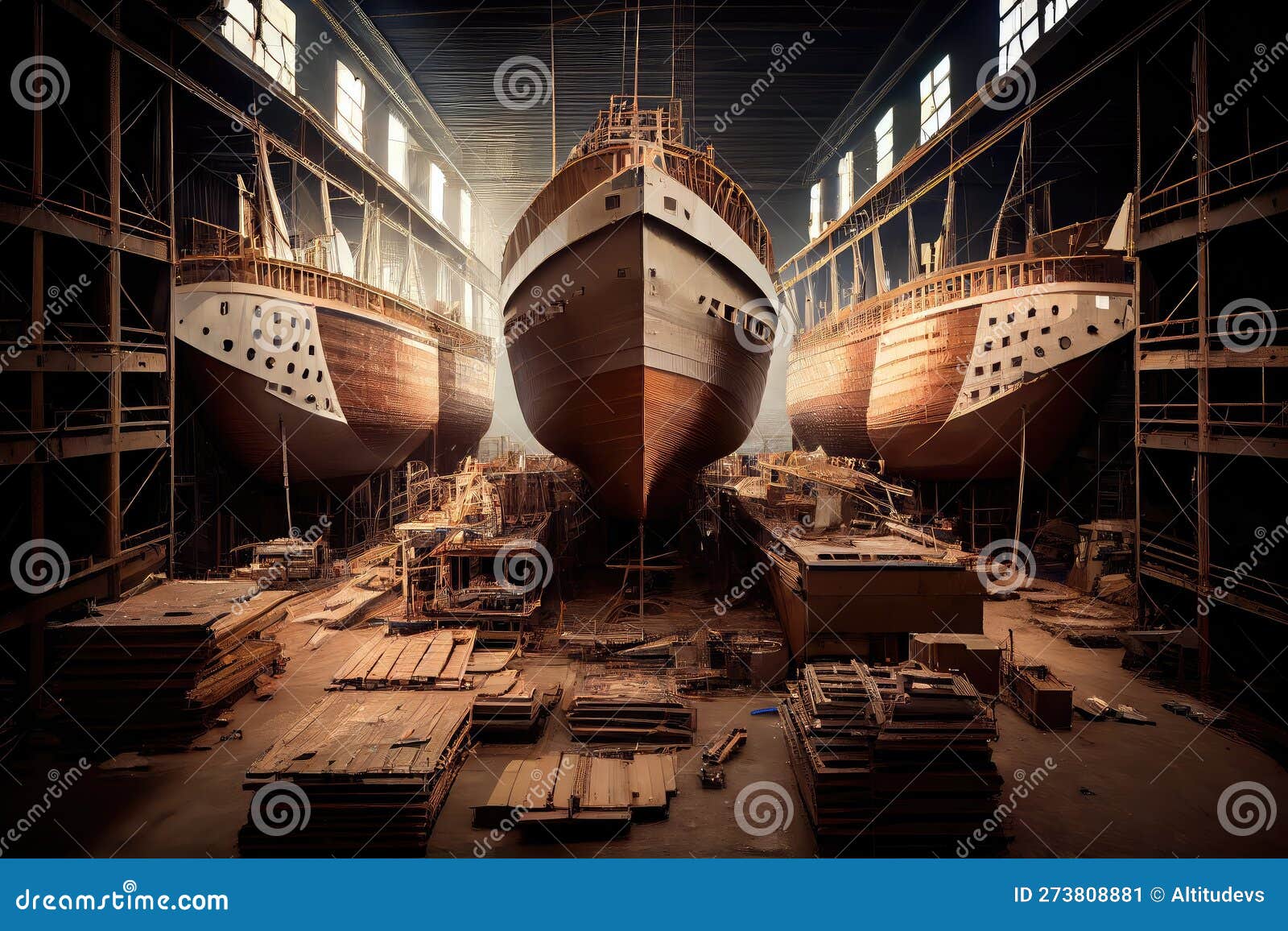Shipyard With Rows Of Finished Vessels In Various Stages Of ...
