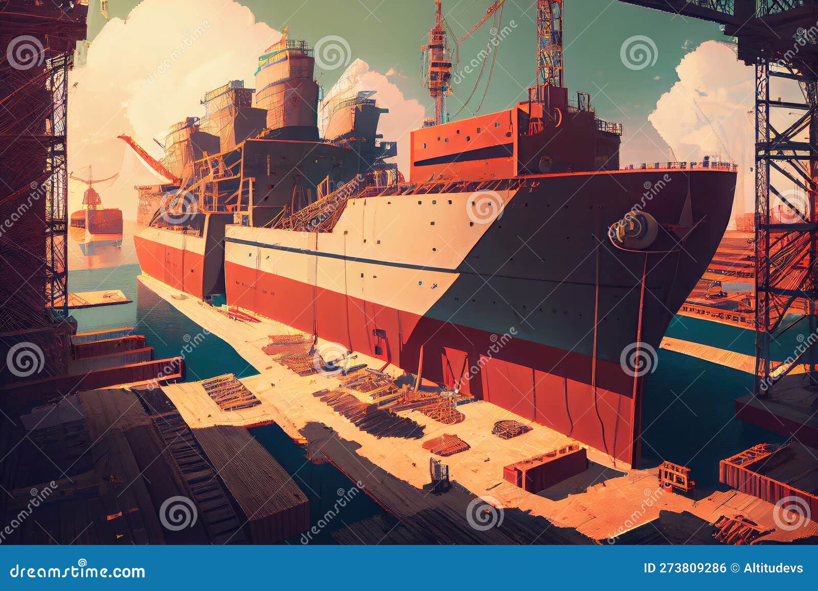 Shipyard with Rows of Massive Ships Under Construction in Dock Stock ...