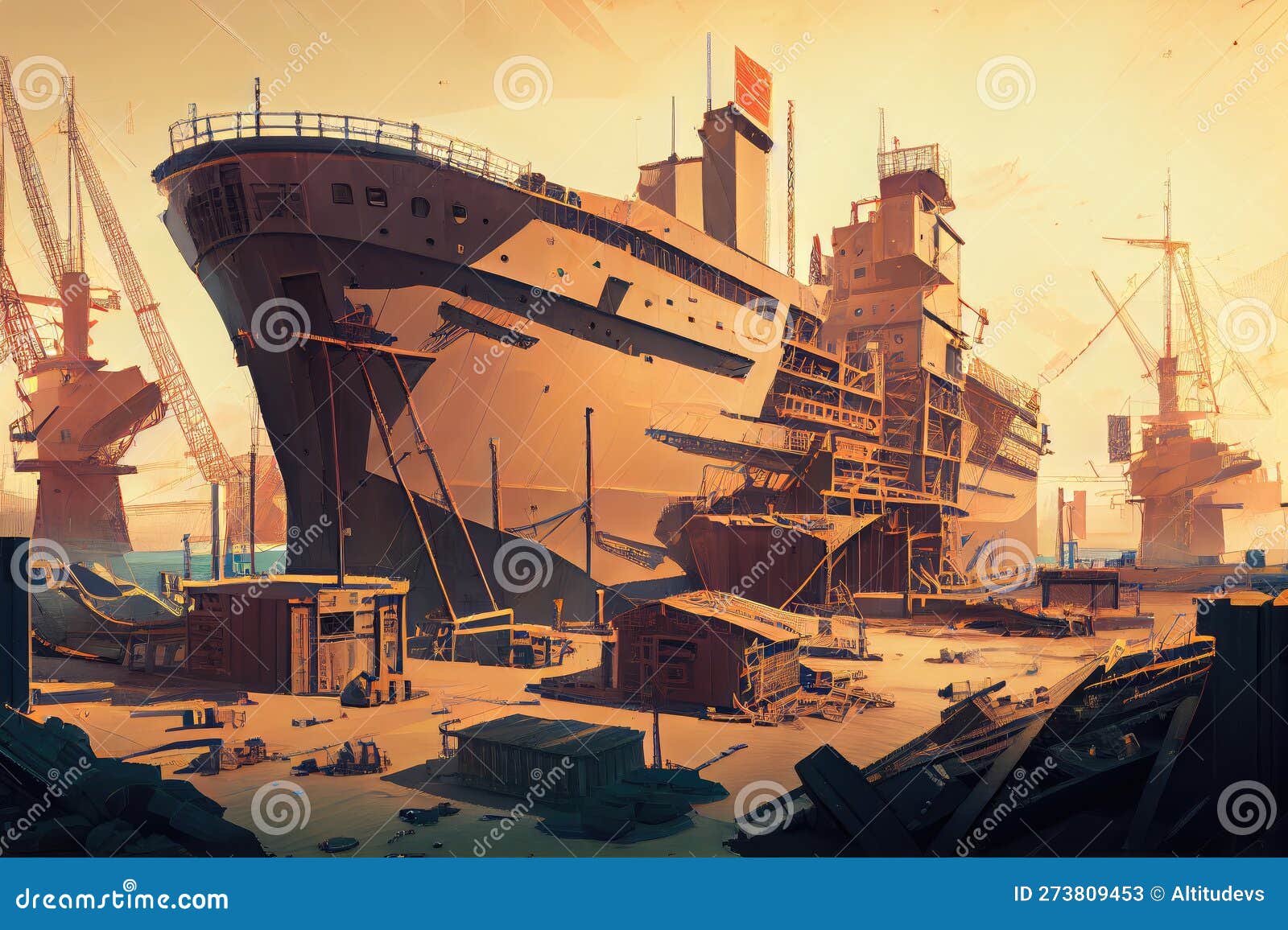 Shipyard with Rows of Ships in Various Stages of Construction and ...