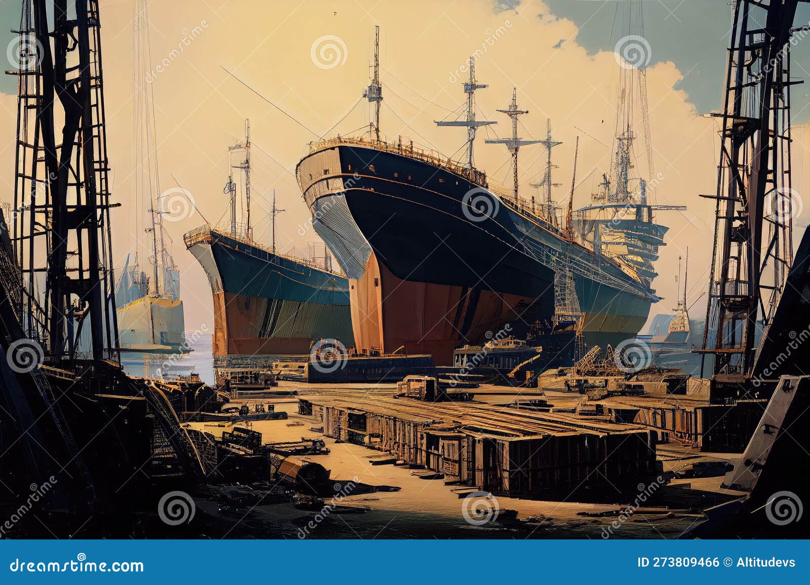 Shipyard with Rows of Ships in Various Stages of Construction and ...