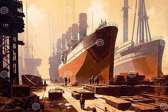 Shipyard, with Rows of Ships in Various Stages of Construction Stock ...