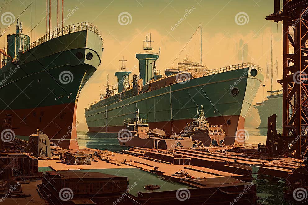 Shipyard, with Rows of Ships in Various Stages of Construction Stock ...
