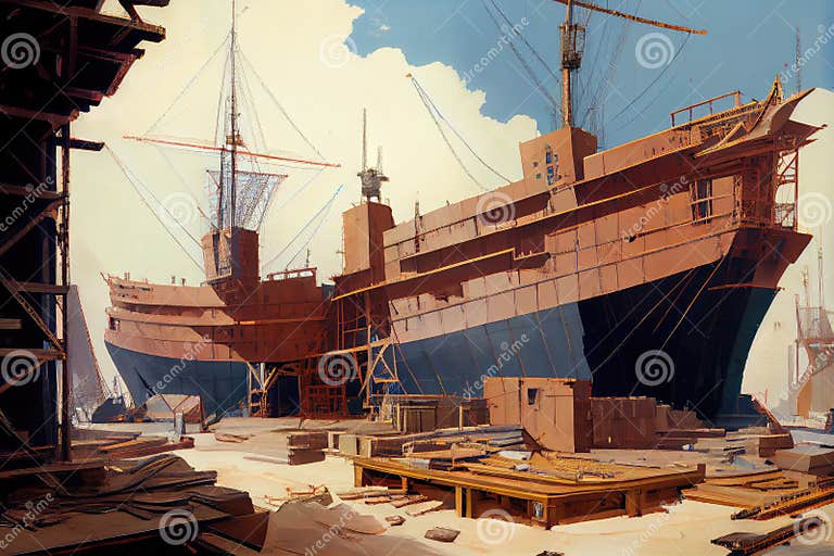 Shipyard, with Rows of Vessels in Various Stages of Construction and ... Shipyard, with Rows of Vessels in Various Stages of Construction and ...