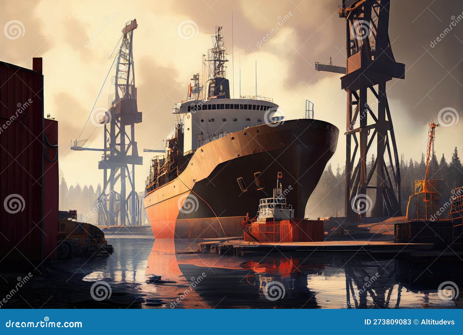 Shipyard S Floating Dock, with Newly Built Ship in the Background Stock ...