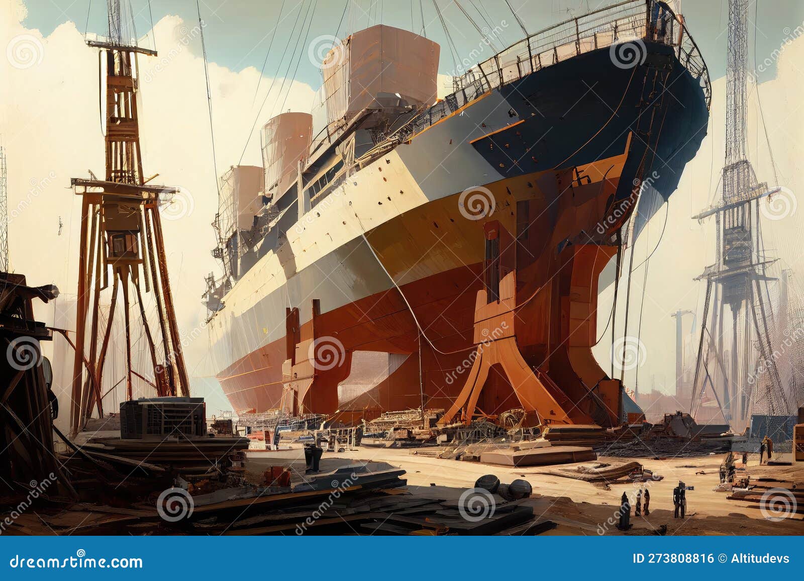 Shipyard, with Ship Being Built from the Ground Up, Using Modern Tools ...