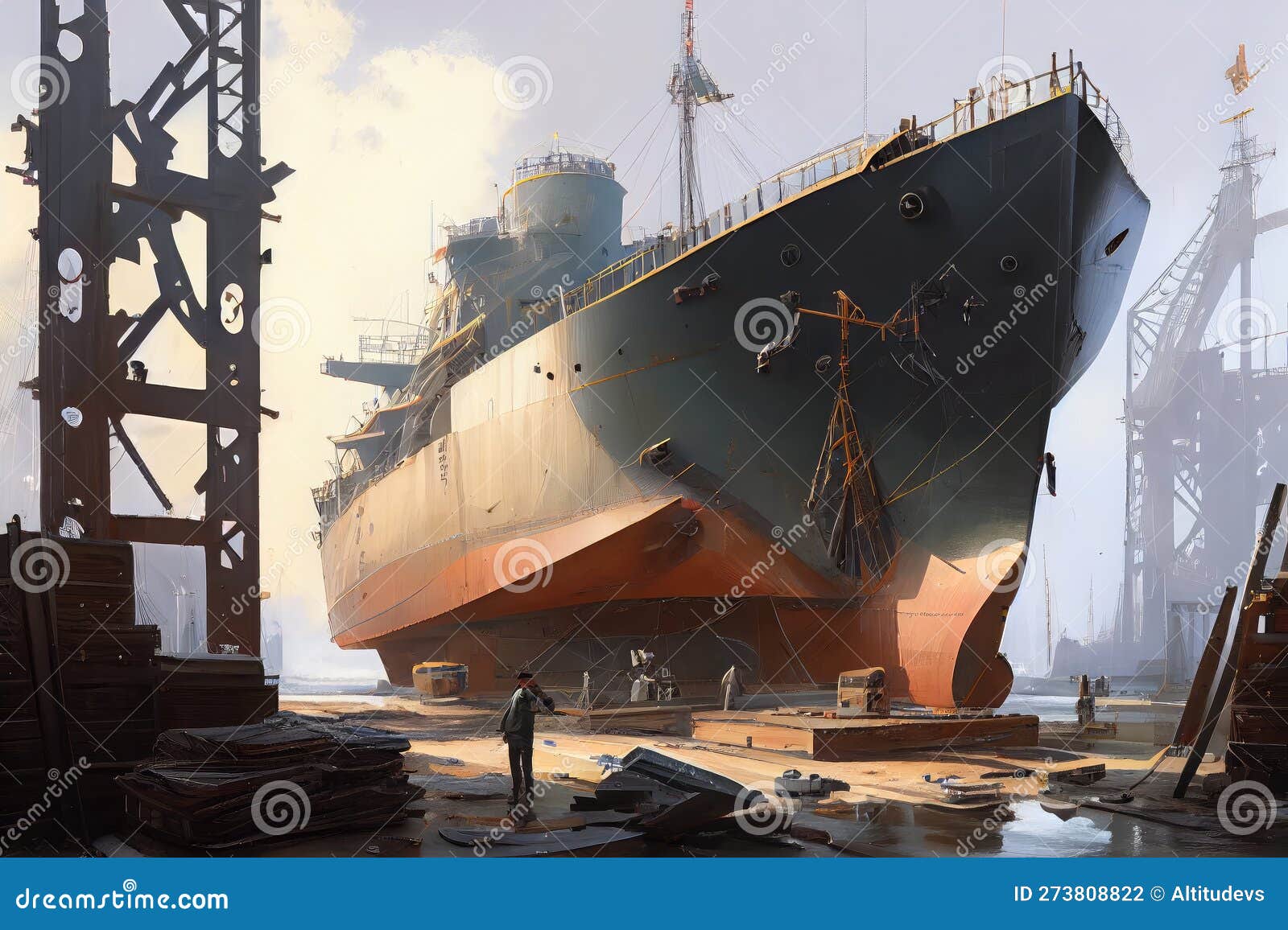 Shipyard, with Ship Being Built from the Ground Up, Using Modern Tools ...