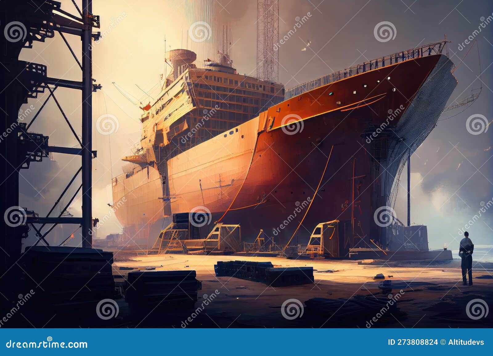 Shipyard, with Ship Being Built from the Ground Up, Using Modern Tools ...