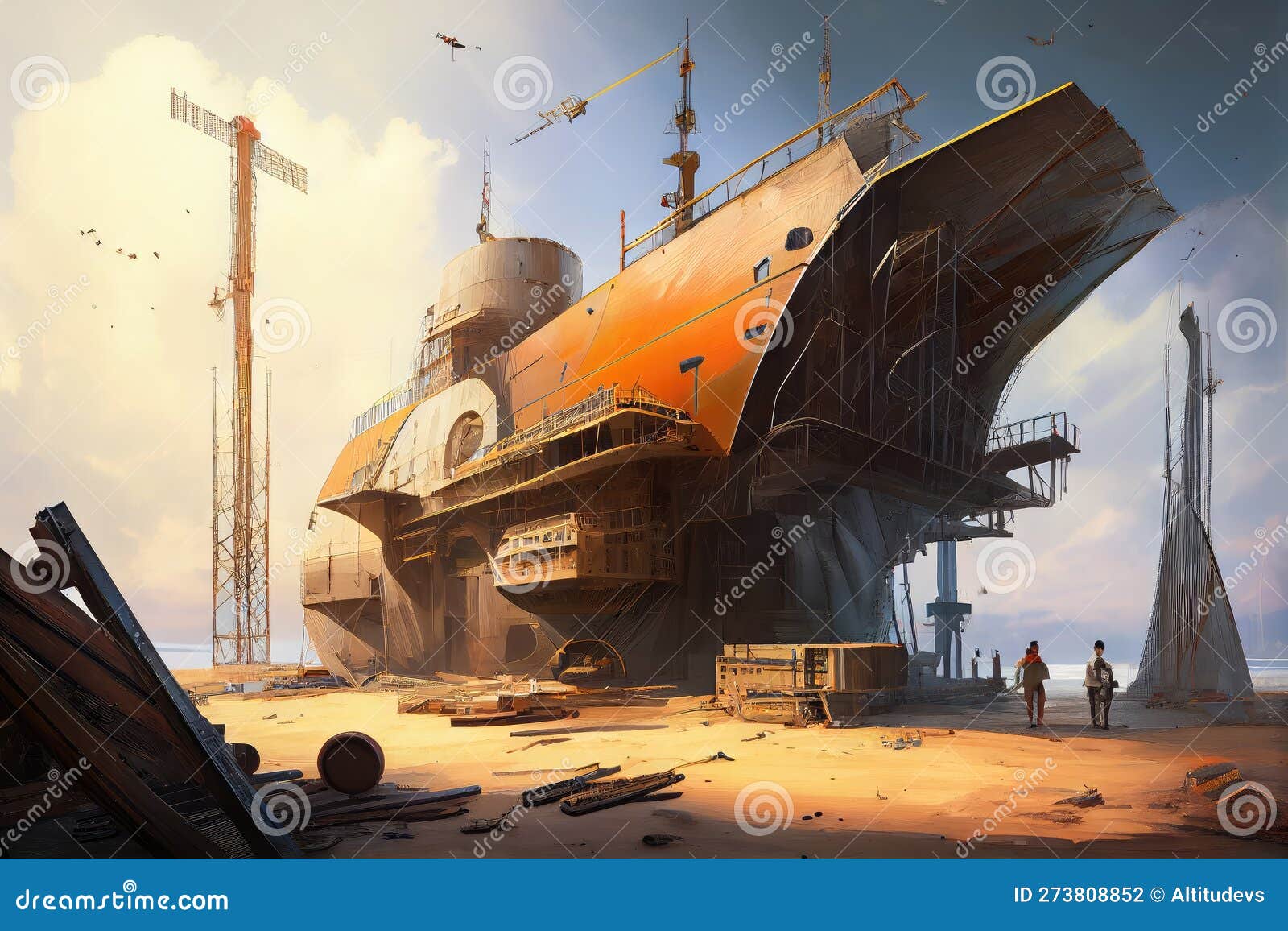 Shipyard, with Ship Being Built from the Ground Up Using Modern Tools ...
