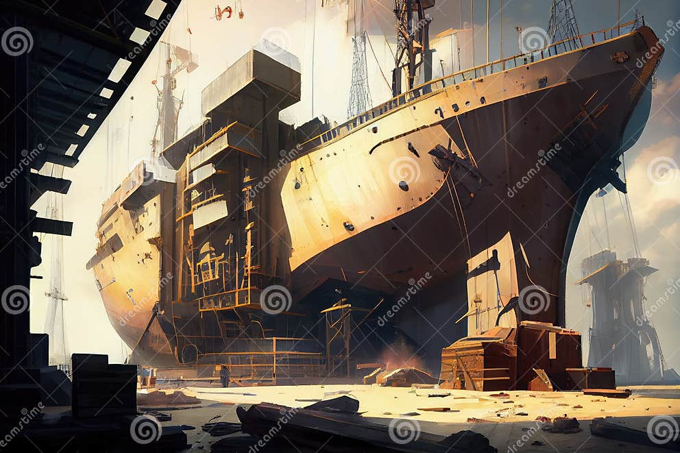 Shipyard, with Ship Being Built from the Ground Up Using Modern Tools ...