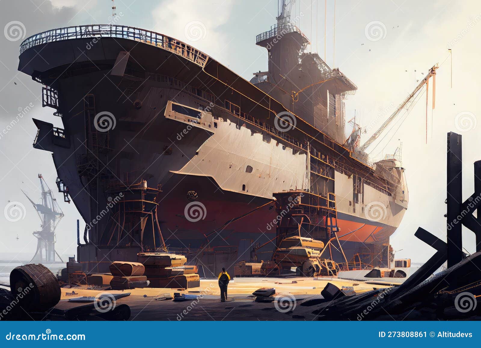 Shipyard, with Ship Being Built from the Ground Up Using Modern Tools ...