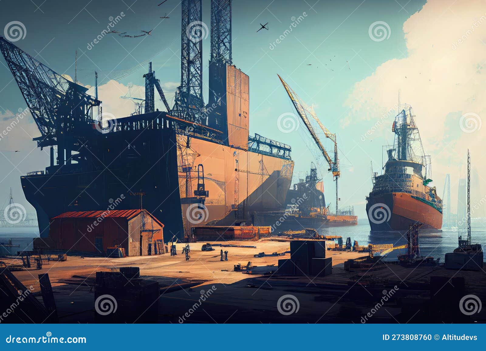 Shipyard, with Ships Under Construction and Cranes in the Background ...
