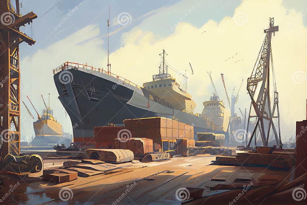Shipyard, with Ships Under Construction and Cranes in the Background ...