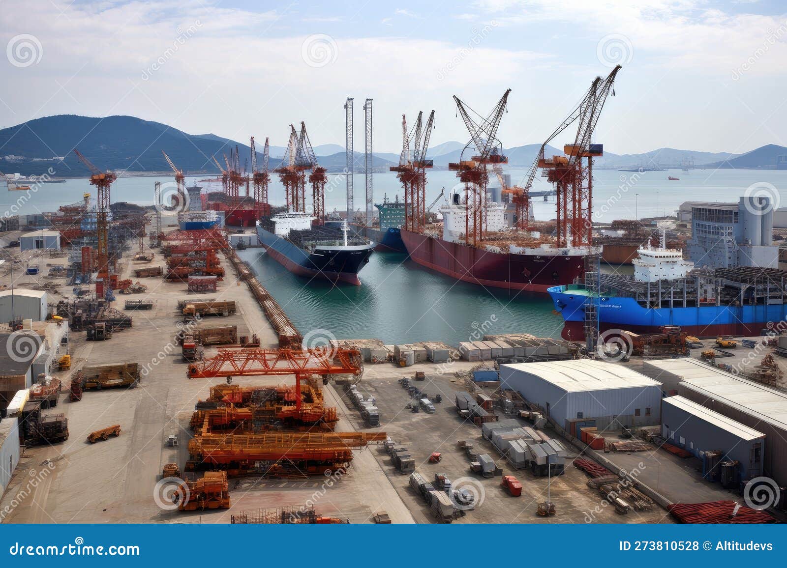 Shipyard, with Ships Under Construction and Cranes Towering Over Them ...