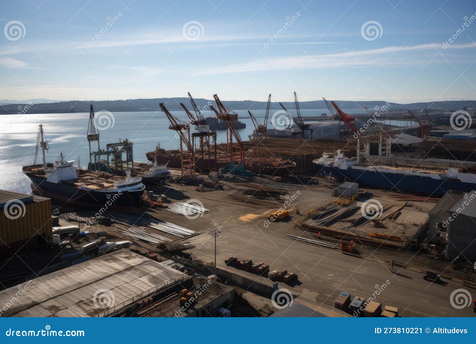 Shipyard, with Ships Under Construction, and View of Distant City ...