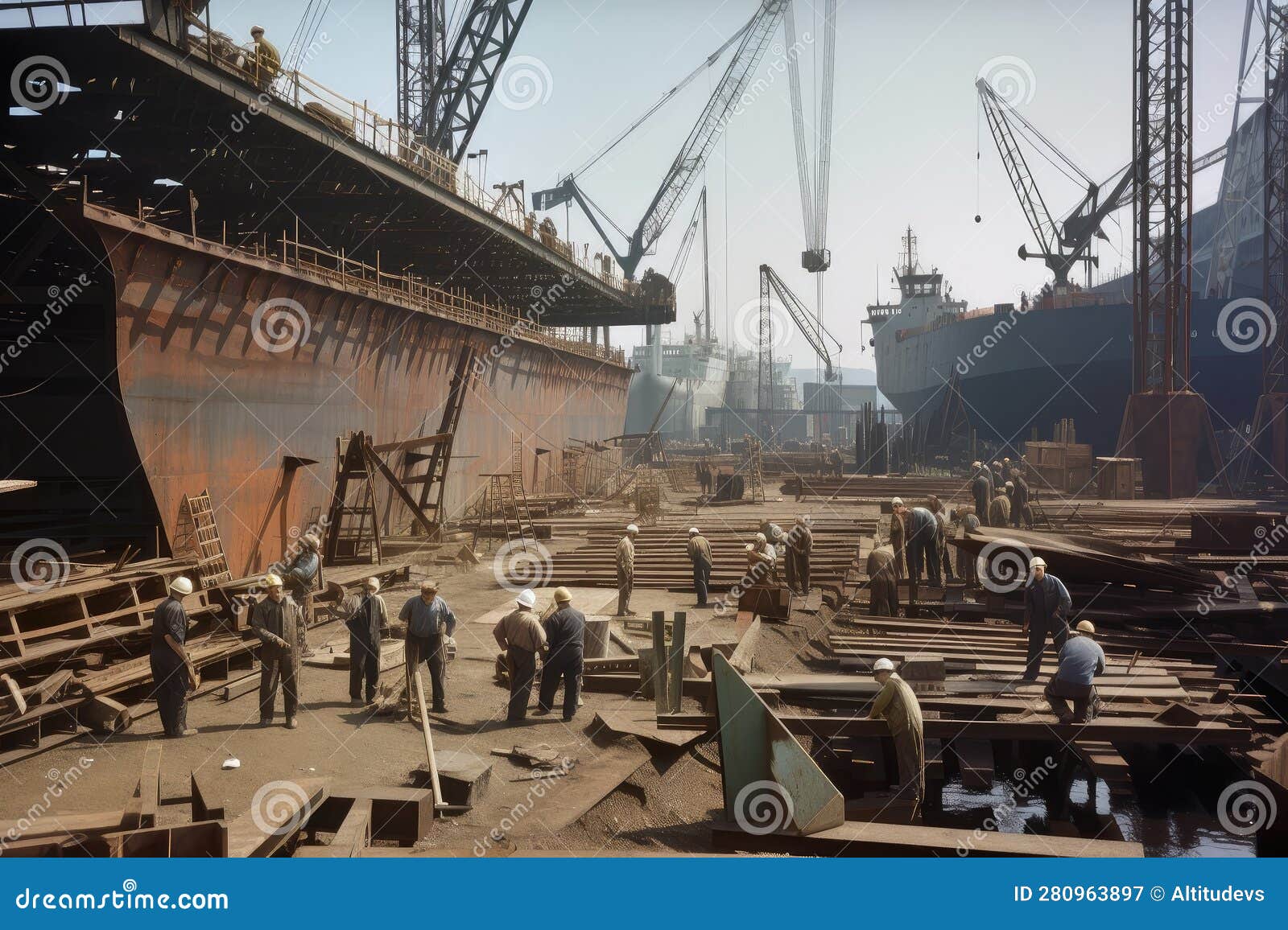 Shipyard, with Ships Under Construction, and Workers Welding and ...