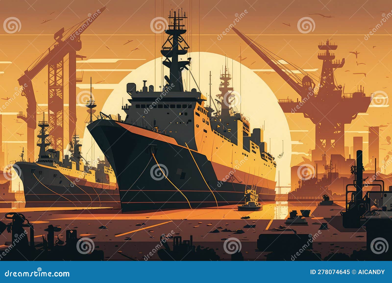 Shipyard At Sunrise With Ships Undergoing Maintenance Stock Image ...
