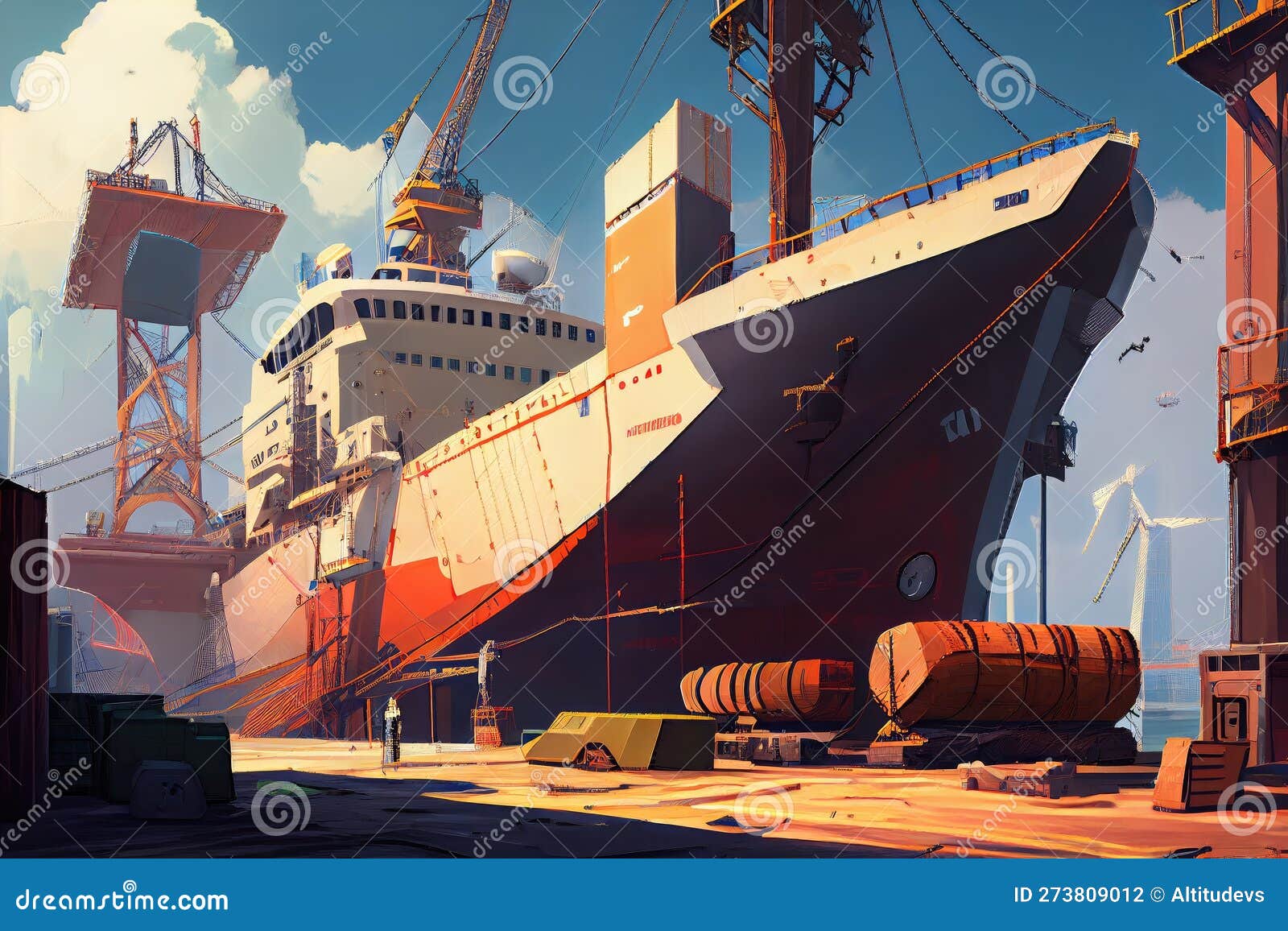 Shipyard, with Towering Cranes and Bustling Activity, Building Cargo ...
