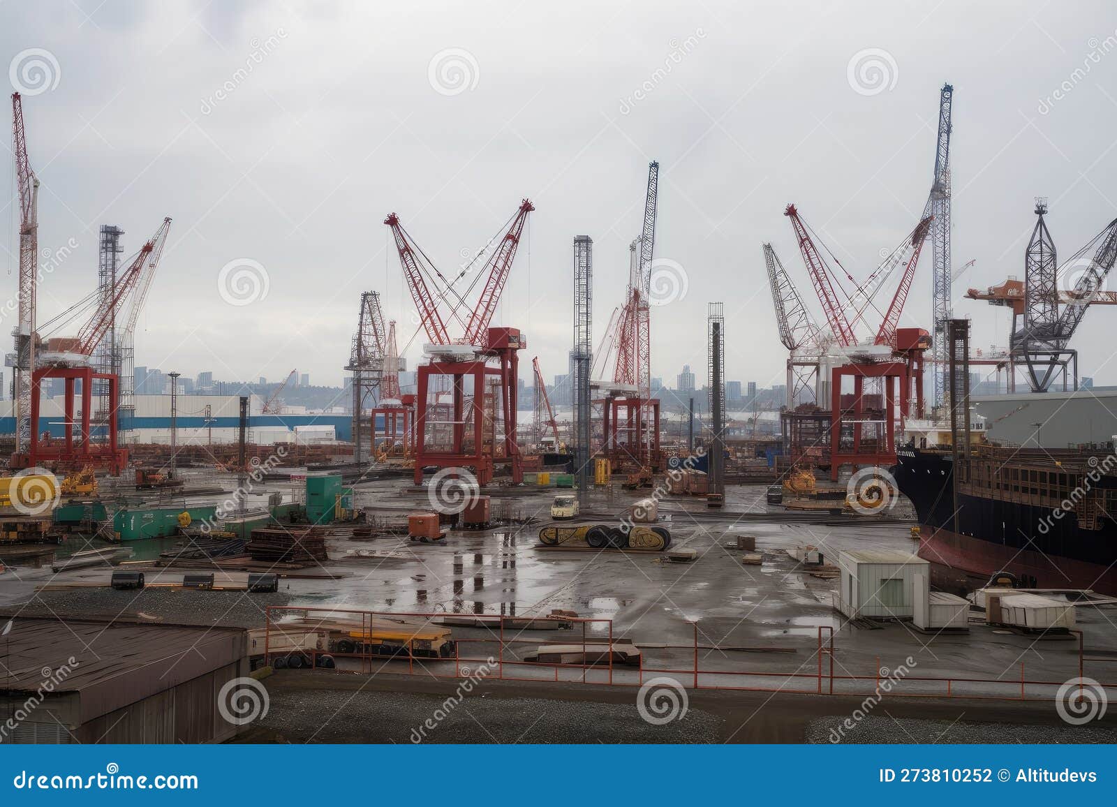 Shipyard, with Towering Cranes and Stacks of Materials Visible Stock ...