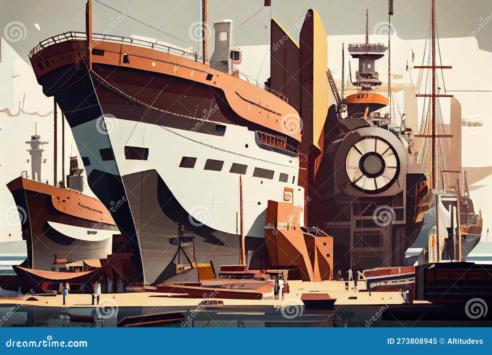 Shipyard with a Variety of Ships in Different Stages of Construction ...