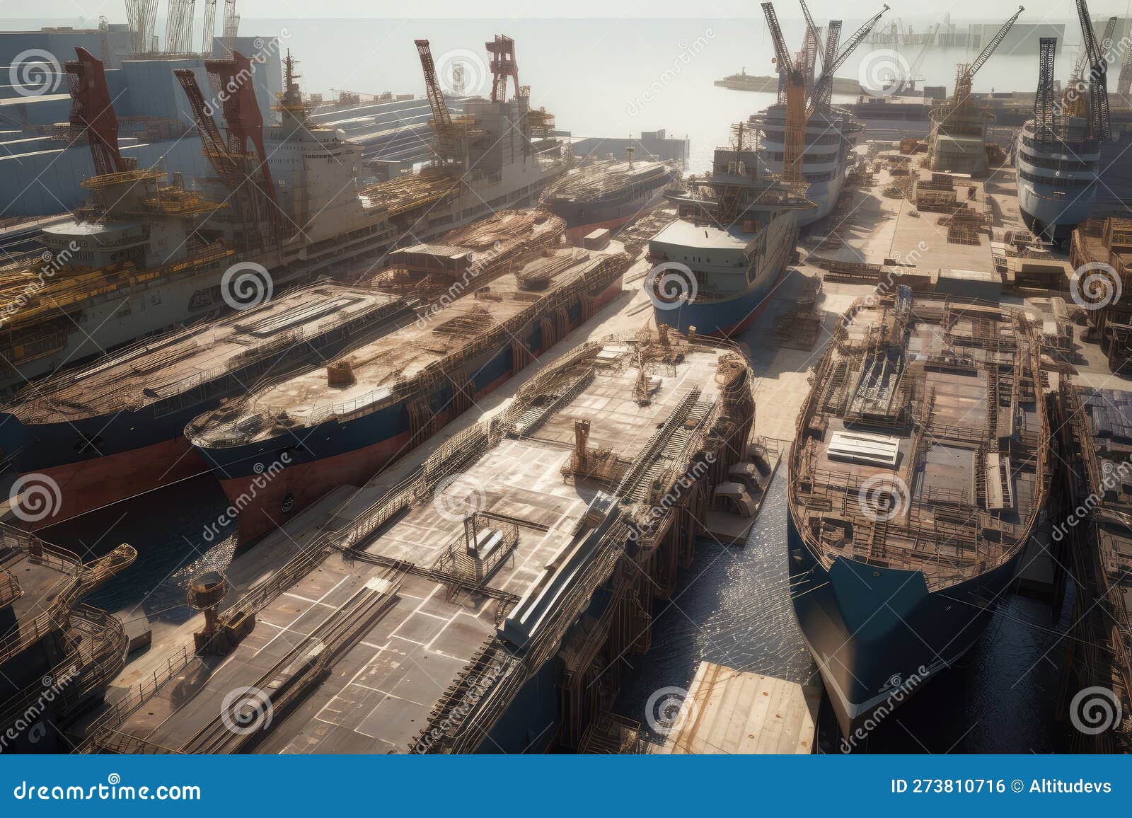 Shipyard, with Various Ships in Different States of Construction and ...